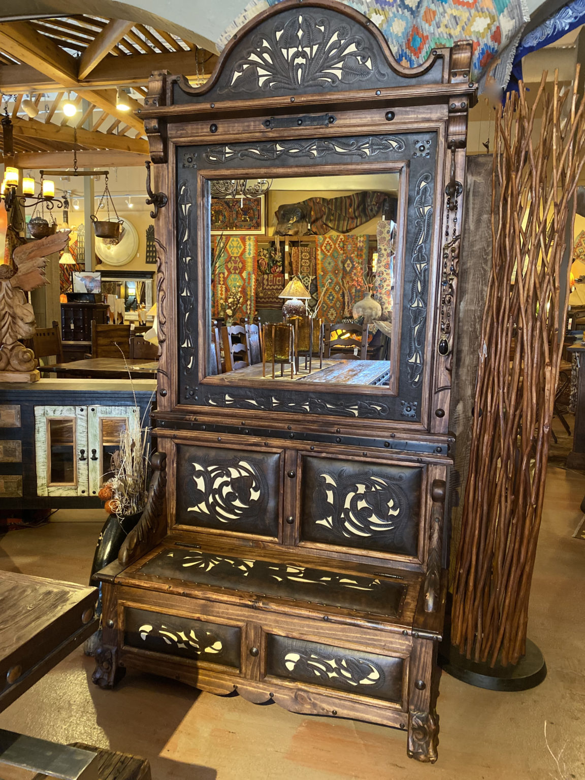 Two-Tone Tooled Leather Hall Tree - The Rustic Gallery