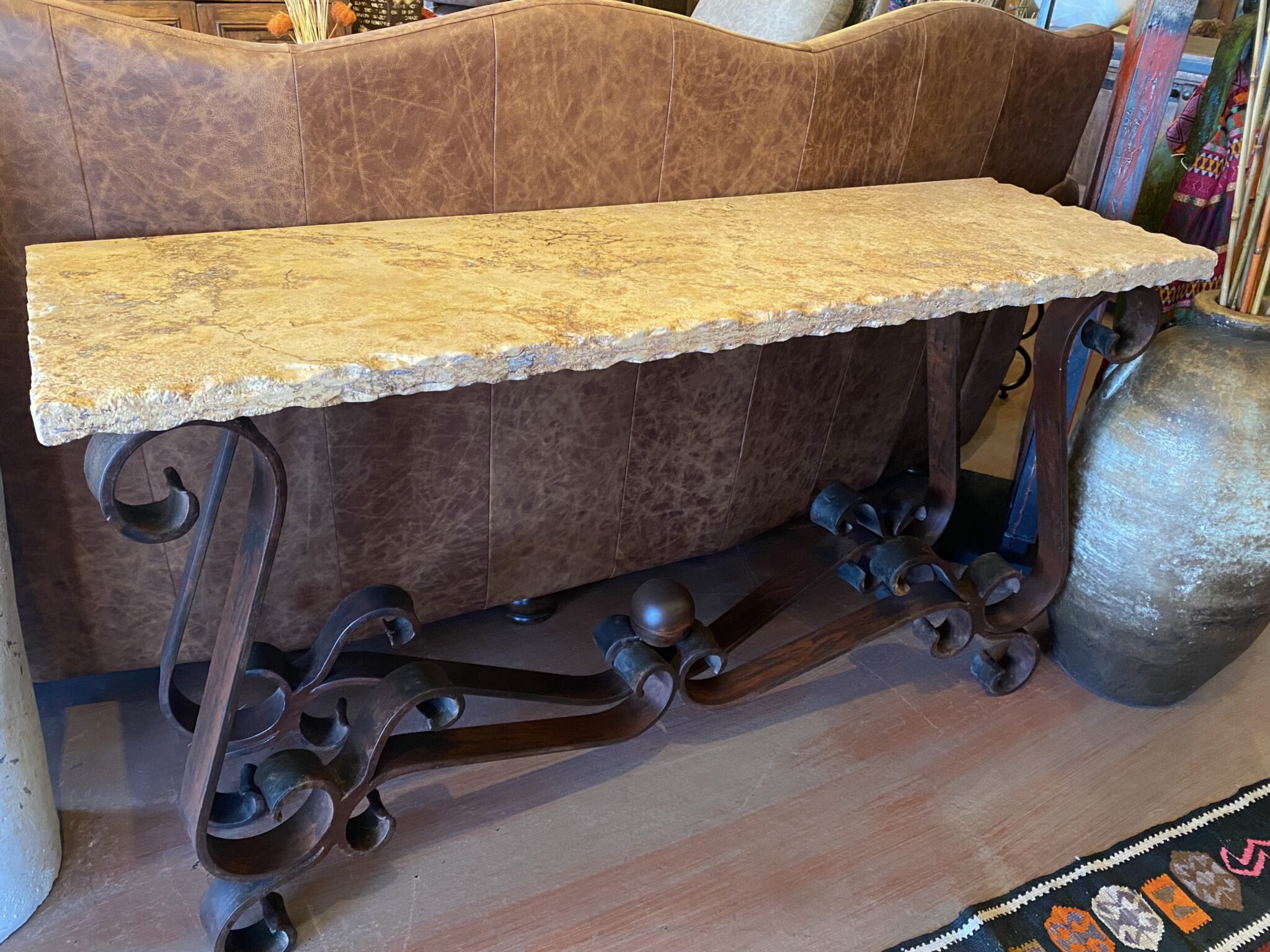 Travertine Sofa Table on Iron Base - The Rustic Gallery