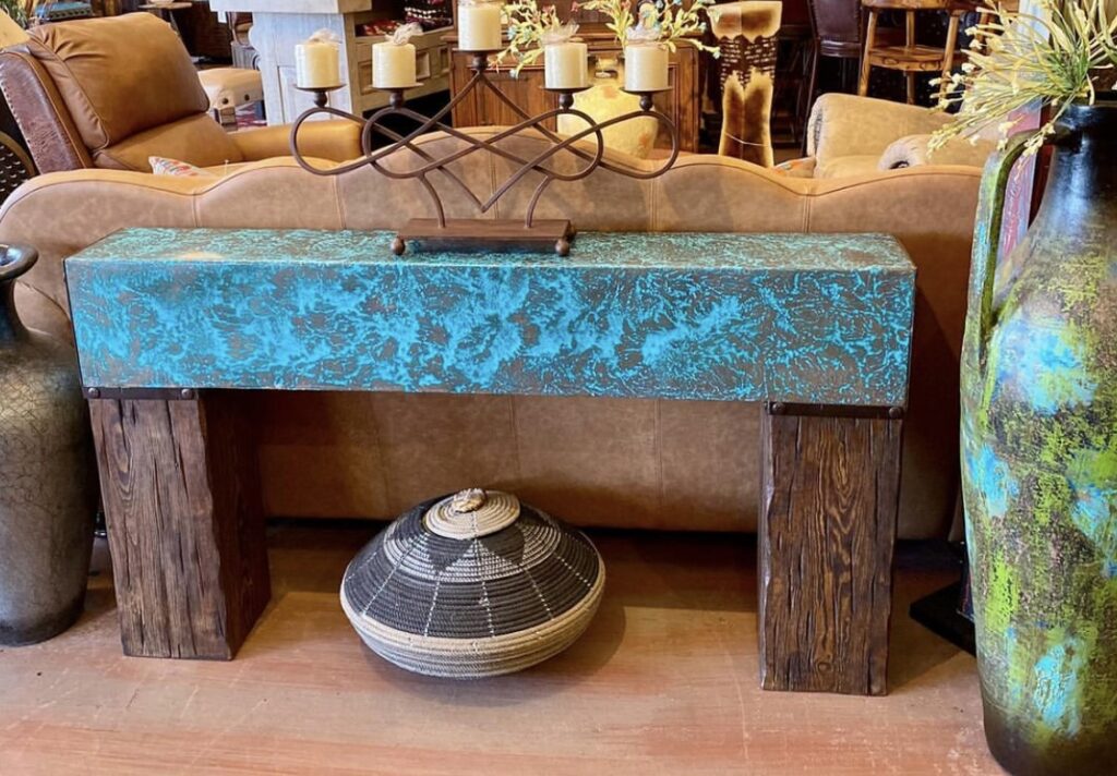 Old Beam & Blue Acid-Washed Copper Sofa Table - The Rustic Gallery