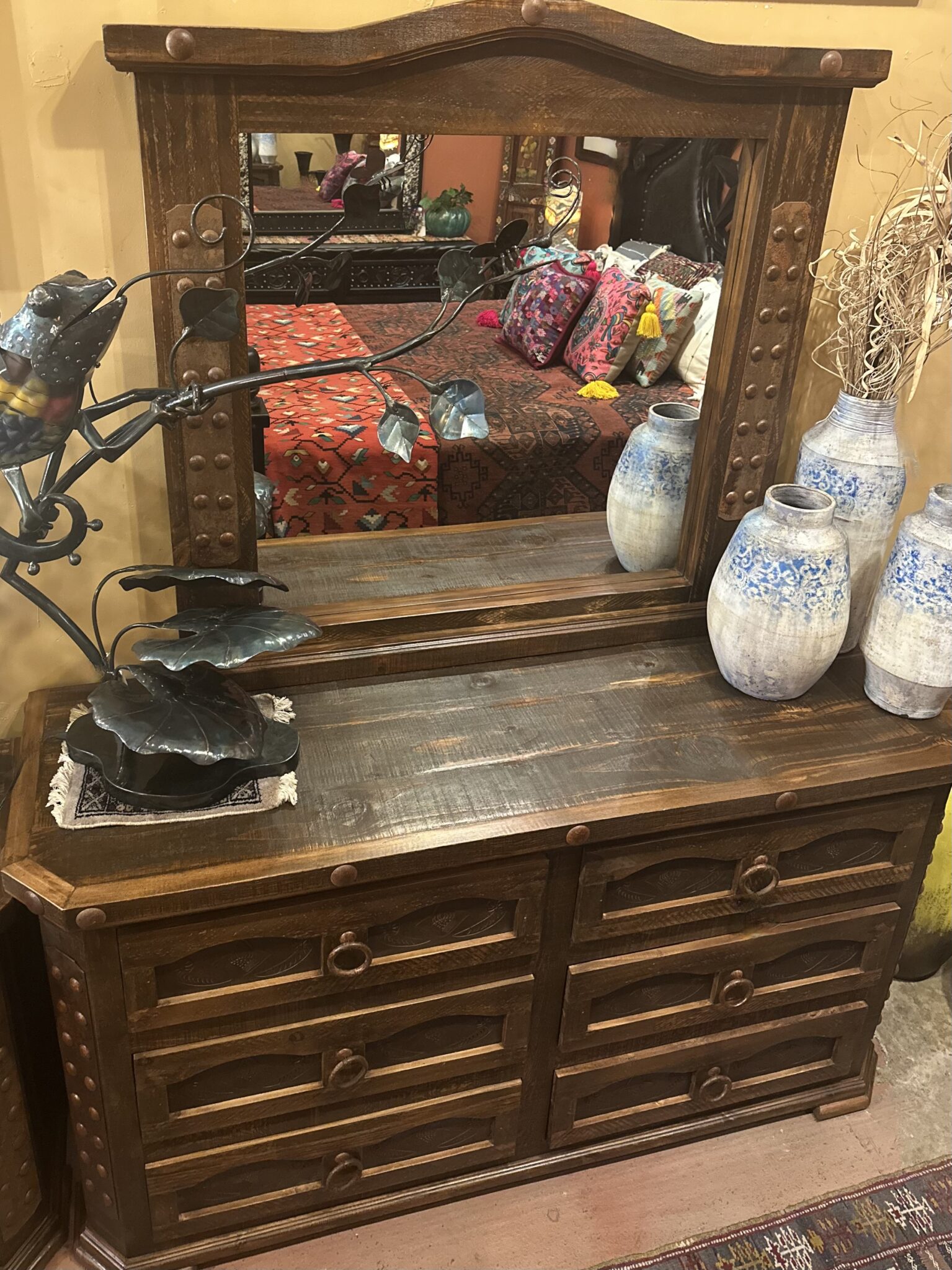 Cheyenne Tooled Leather Dresser with Mirror - The Rustic Gallery